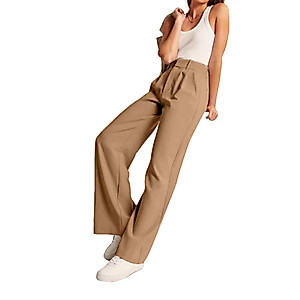 Vrtige Women's Elegant High Waist Wide Leg Long Pants Office Trousers with Pockets Khaki# Medium
