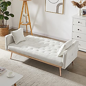 Yoglad Convertible Sofa with Pillow, Upholstered Recliner Couch, Futon Loveseat with Metal Legs, Daybed Sleeper for Living Room (White, 64" Velvet, Hill-Shaped Backrest)