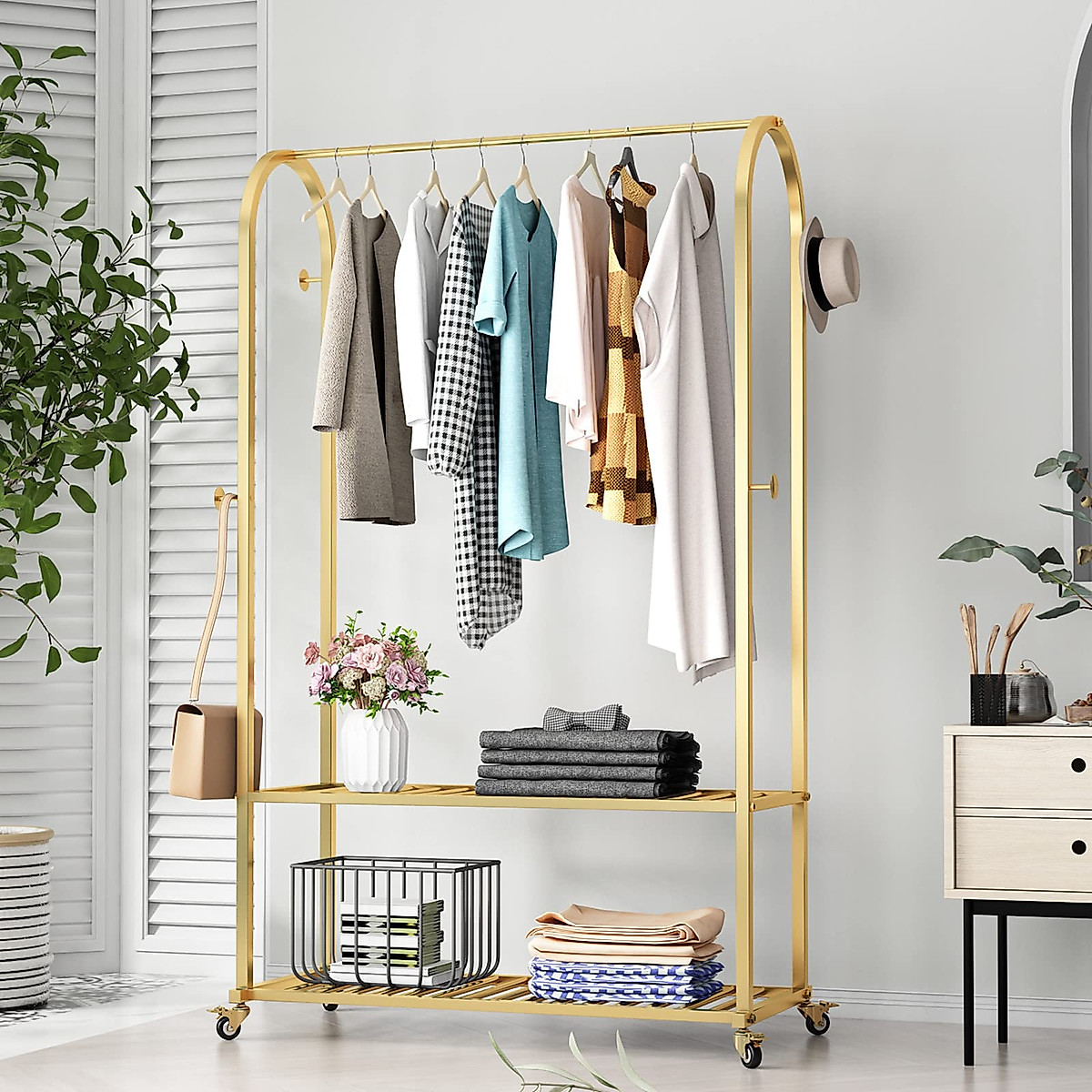 Gold Clothing Rack on Wheels Modern Display Rack with 2-tier Shelf Metal Hanging Rack Gold Clothes Rack for Boutique, Retail or Home (gold)