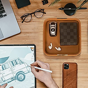 SANZIE Luxury Leather Desktop Storage, Small Catchall Organizer, Decorative Tray for Entryway Table to Hold Jewelry,Watch,Cosmetics,Keys,Phone,Wallet,Home & Office Accessories (Orange)