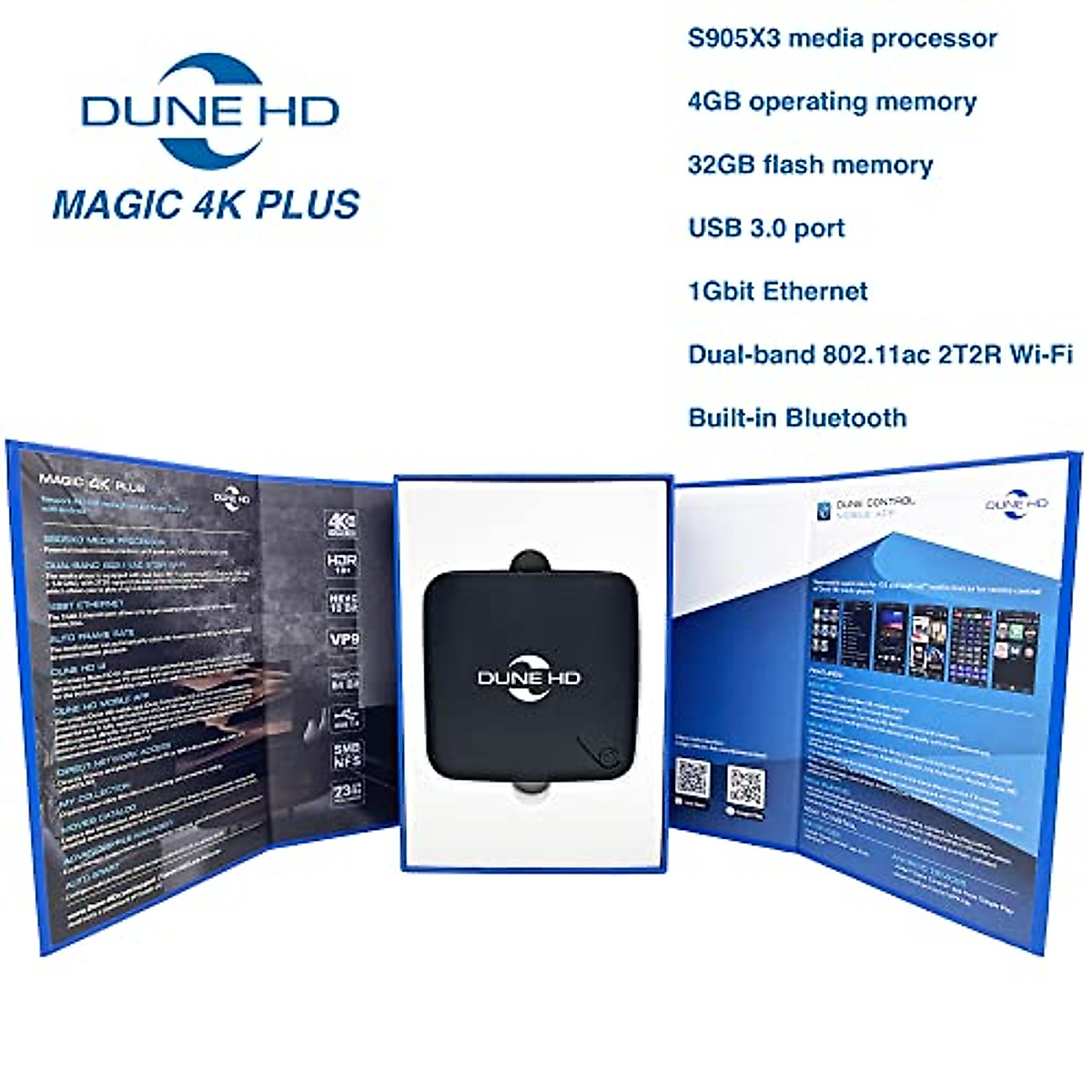 Dune HD Magic 4K / 4K Plus | Ultra HD | HDR10+ | Media Player | Smart Android TV Box | USB 3.0, HDMI, A/V, BT, WiFi 5GHz, 1Gbit, Voice Search, AirMouse, MKV, H.265, 4Kp60 (4GB/32GB)