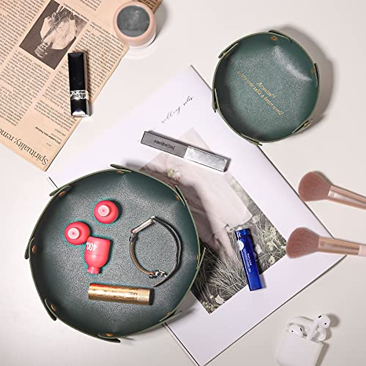 Aoyinism Leather Valet Trays,Premium Catchall Trays,Jewelry Trays, Decorative Desk Organizer, Soft Foldable Desk Organizer, Office/Home Organization Trays(Large and Small,2PCS) (Green)