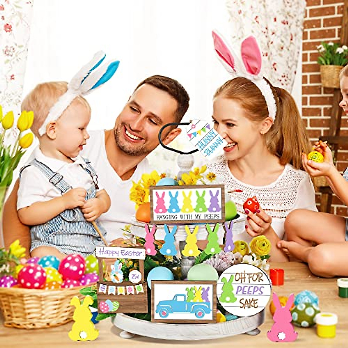 12 Pcs Easter Tiered Tray Decor Set Easter Bunny Wood Sign Rustic Farmhouse Decor Tiered Tray Decorative Trays Signs for Easter Table Holiday