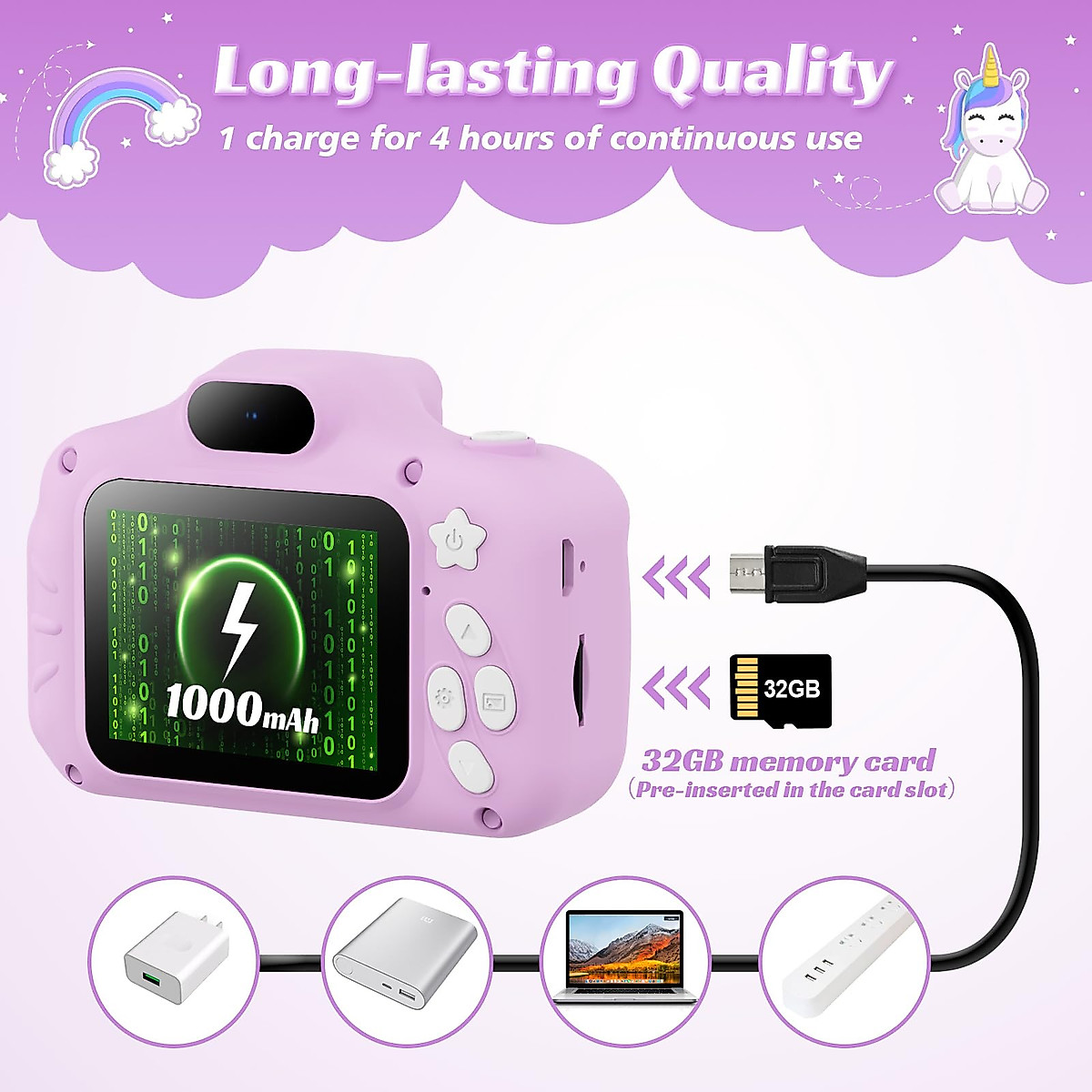 TIATUA Kids Camera for Girls & Boys, Toddler Camera Toys for Age 3-12 Kids with 32GB Card & Dual Lens, Digital Camera for 4 5 6 7 8 9 10 Year olds (Purple)