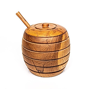 Rainforest Bowls Javanese Teak Wood Honey Jar w/Dipper Set- Ideal for Storing Honey, Jam & Syrups- Ultra-Durable- Premium Wooden Honey Jar Handcrafted by Indonesian Artisans