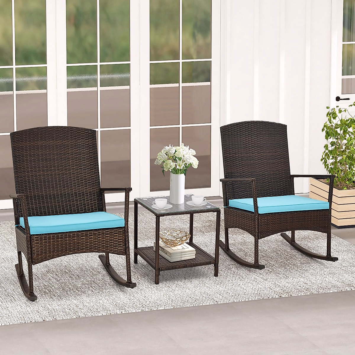 Tangkula 3 Pieces Rocking Wicker Bistro Set, Outdoor Front Porch Rocker Chairs Conversation Set with 2-Tier Tempered Glass Coffee Table and Thick Cushions for Garden, Balcony, Poolside (Turquoise)