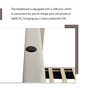 alazyhome Upholstered Queen Bed Frame with Headboard LED Lights Platform Bed Wooden Slats Support Non-Slip and Noise-Free Easy Assembly Linen Beige
