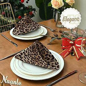 Naanle Animal Print Cloth Napkins Dinner Table Napkins Set of 6, Leopard Solid Washable Reusable Polyester Napkins with Hemmed Edges for Home Holiday Party Wedding Oversized 20 x 20 in