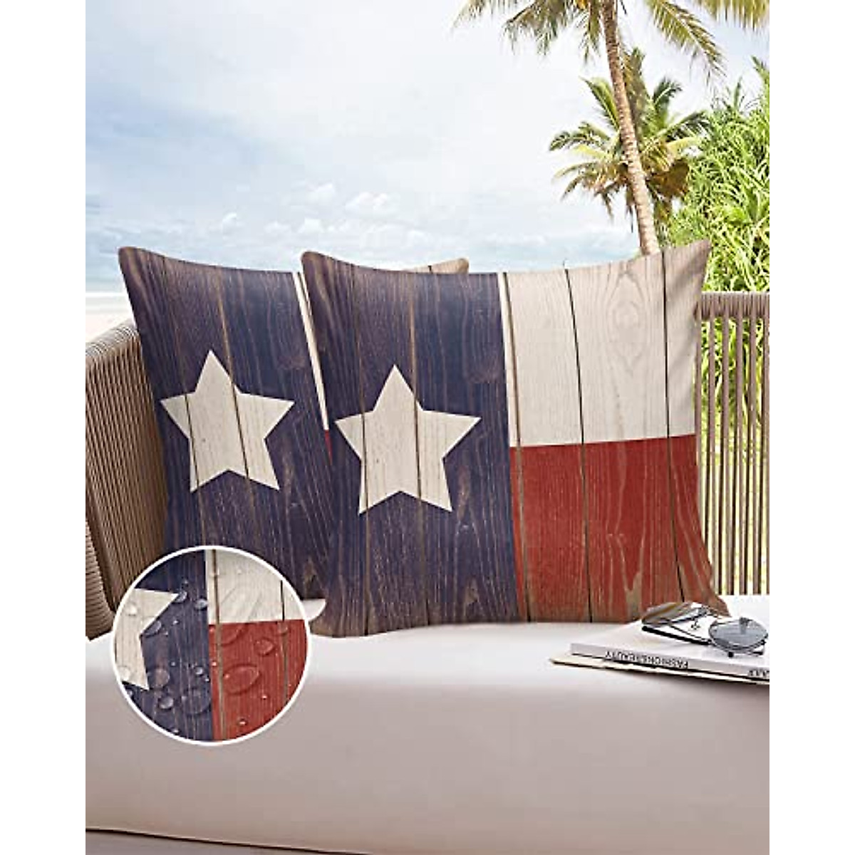 Outdoor Throw Pillow Cover Retro American Texas Flag Waterproof Cushion Covers 2 Pack Wooden Texture Pillow Cases Home Decoration for Patio Garden Couch Sofa