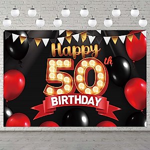 Happy 50th Birthday Black Banner Decorations Gold Backdrop Red and Black Balloons Theme Decor for Girls Women Princess 50 Years Old Birthday Party Supplies Photo Booth Props Background Favors Glitter