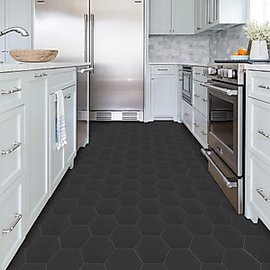 Peel and Stick Floor Tile, 0.027 Inch Thick, Vinyl Flooring, Hexagon Tiles, Easy Cut and Install, Thin and Durable, Waterproof Floor Tile DIY for Bathroom, Solid Black (Covered 3.7 Sq.Ft /10 Pcs)