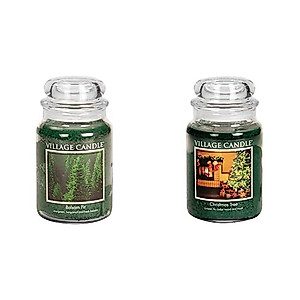 Village Candle Christmas Tree Large Glass Apothecary Jar Scented Candle, (26oz), Green & Balsam Fir Large Apothecary Jar, Scented Candle, 21.25 oz.