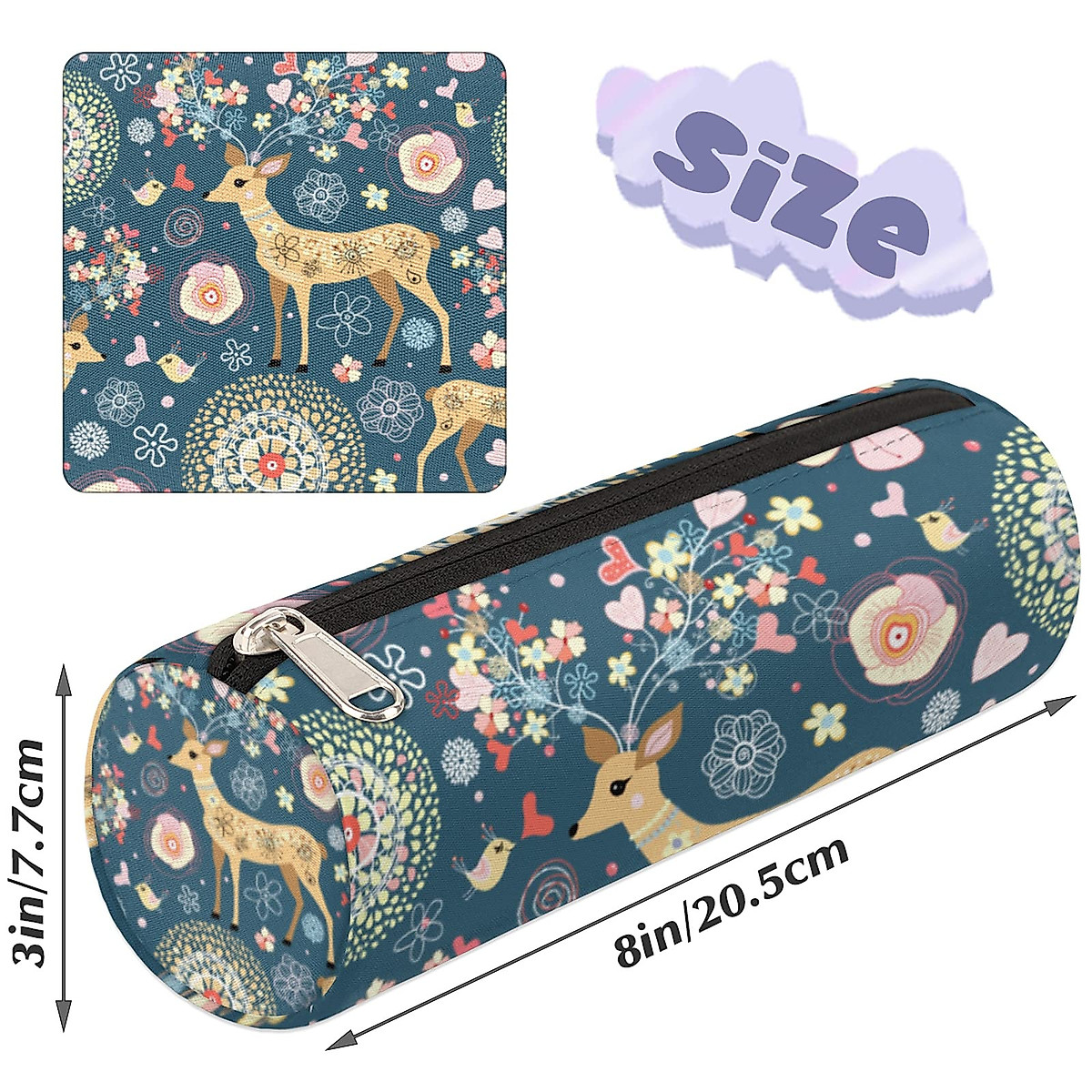 Flower Deer Bird Canvas Pencil Case for Pen Pouch Bag, Durable Compact with Zipper Round Pencil Case, Stationery Organizer Bag Purse for Kids Girls Boys School Adults Office