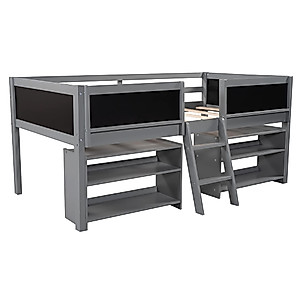 Harper & Bright Designs Kids Low Loft Bed with 2 Movable Storage Shelves, Twin Loft Bed Frame with Chalkboard and Ladder, Multifunctional Loft Bed for Kids Boys&Girls No Box Spring Needed (Gray)