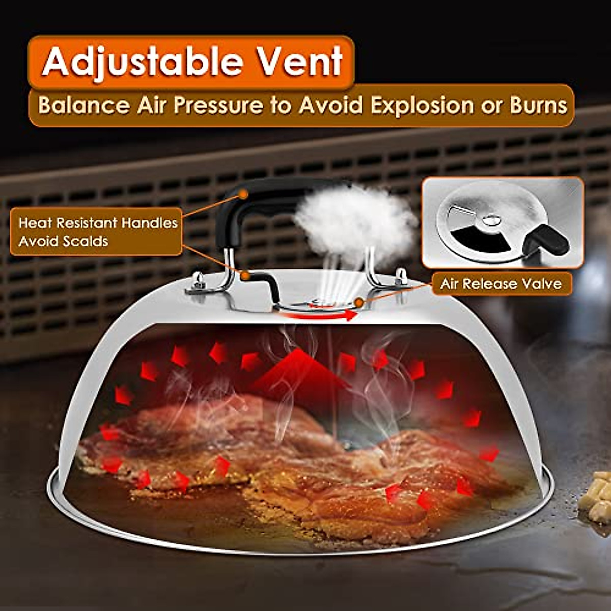 3Pcs Basting Cover & Burger Press Set, Leonyo 12" & 9" & 6.5" Round Cheese Melting Dome, Heavy Duty Griddle Dome Steam Lids, Stainless Steel Bacon Press for BBQ Flat Top Grill Cast Iron