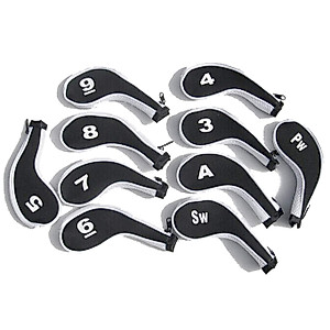 DBYAN 10pcs Number Print Long Sleeve Golf Club Iron Covers Head Covers Set with Zipper for Irons Taylormade Ping Callaway Mizuno Cobra,Black & White
