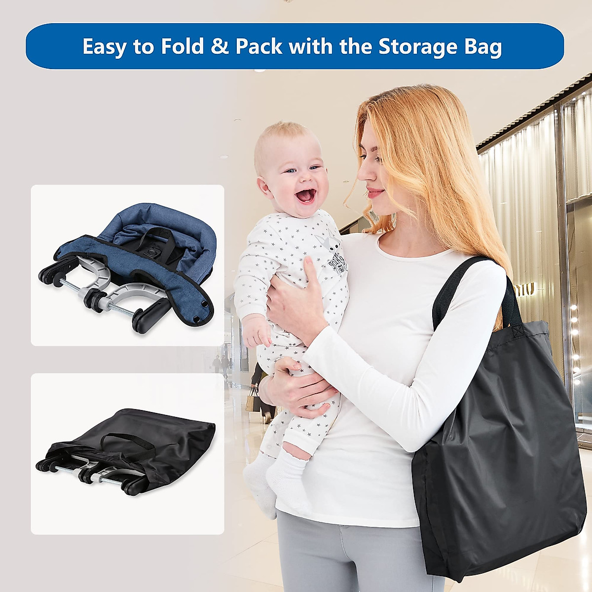 Fast Table Chair Hook on High Chair Clip on Table Clamping Chair High Load Fold-Flat Storage Tight Fixing Feeding Seat Attach to Table Ideal Folding Chair for Travel (Navy)