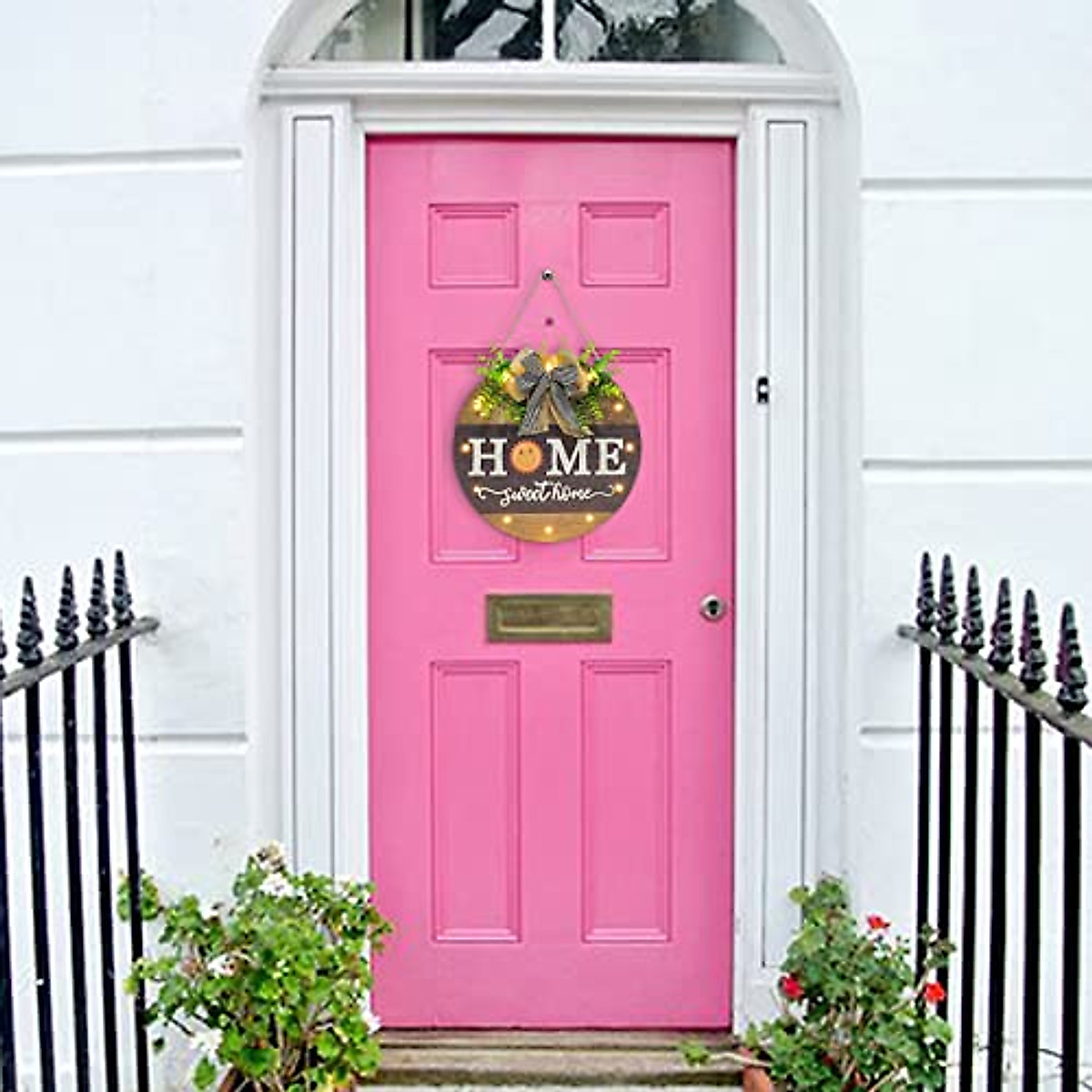 Interchangeable Welcome Sign for Front Door with 14 Changeable Icons, Farmhouse Front Porch Decor Rustic Wooden Wall Sign with 12 LED Lights, Outdoor Seasonal Welcome Home Decorations (Wood home1)