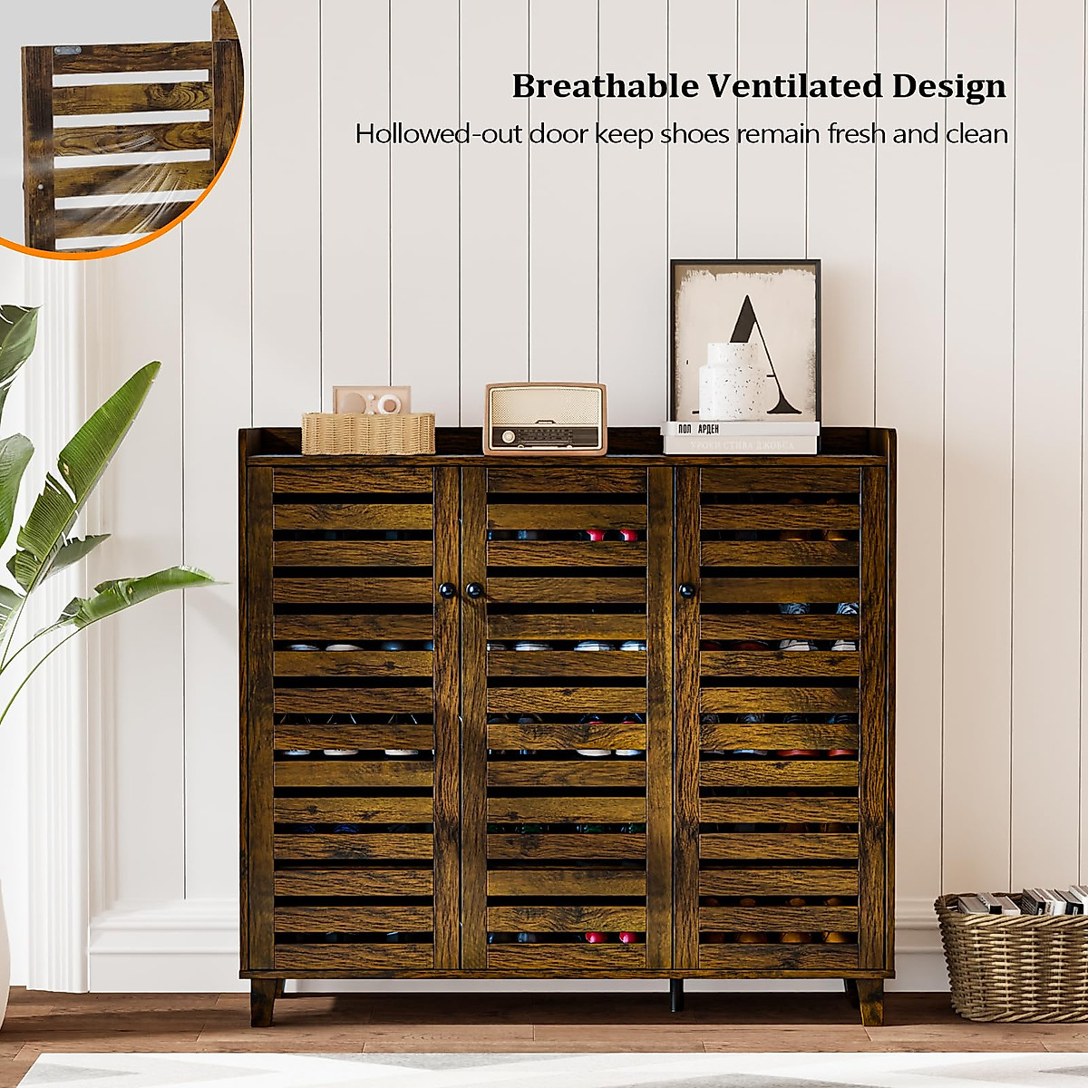 VINGLI Large Shoe Cabinet with 3 Doors 6-Tier Ultra Wide Shoe Cabinet Storage for Entryway 30 Pairs Tall Shoe Organizer Cabinet Wooden Farmhouse Shoe Rack Cabinet Rustic Brown