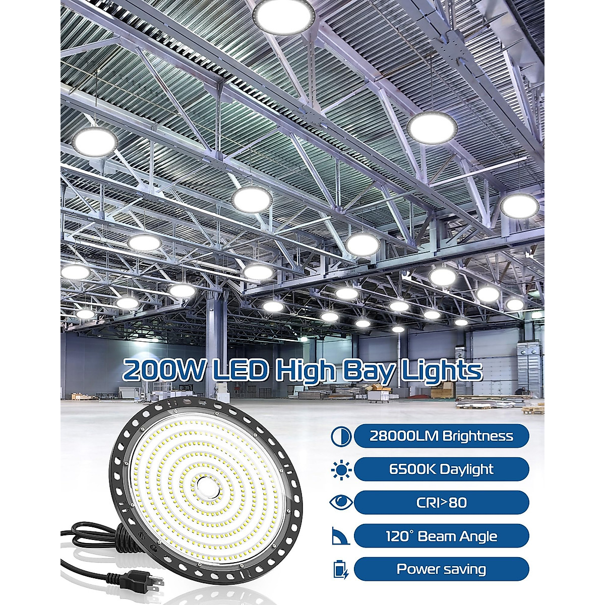 XINGHUANLIT UFO LED High Bay Light 200W 10 Pack, 28000LM High Bay LED Shop Lights 6500K Daylight IP65 Waterproof Commercial Bay Lighting with 6.56ft Plug, UFO Lights for Garage Warehouse Factory