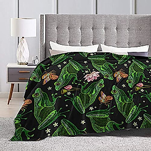 Gaseekry Blanket Frogs Butterfly Flowers Fleece Flannel Throw Blankets for Couch Bed Sofa Car,Cozy Soft Blanket Throw Queen King Full Size for Kids Women Adults 80X60, Black