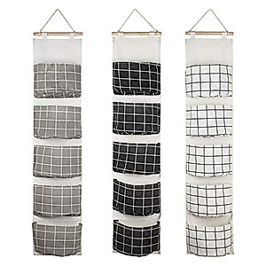 3Pcs Wall Closet Hanging Storage Bag with 5 Pockets, Waterproof Over The Door Closet Organizer, Linen Fabric Hanging Pocket for Room Bathroom Bedroom (Black+Gray+White)