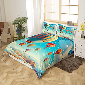 Feelyou Hot Air Balloon Bedding Set Colorful Hot Air Balloon Duvet Cover for Kids Boys Girls Mountains Comforter Cover Blue Sky White Clouds Bedspread Cover with 1 Pillowcase 2Pcs Bedding Twin