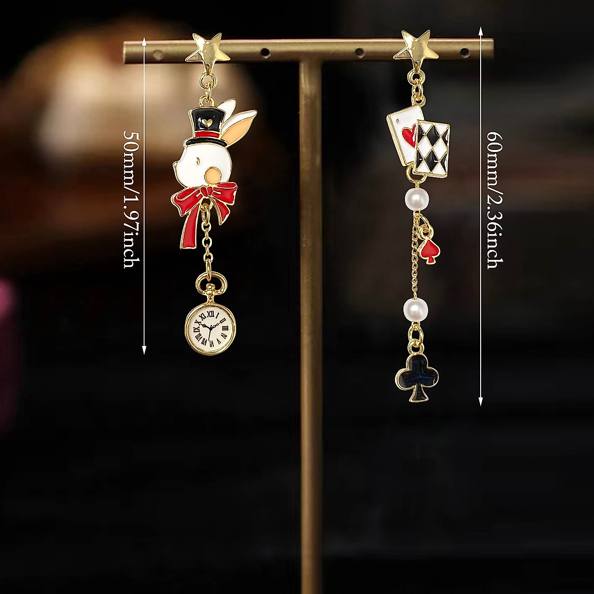 Asymmetric Poker Card Clock Poker Dangle Earrings Chic Red Heart Ace Enamel Gold Plated Playing Cards Rabbit Alarm Clock Drop Earrings (Gold)