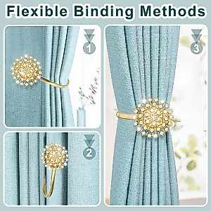 AULEEP Magnetic Curtain Tiebacks, 4 Pack Magnetic Crystal Decorative Drapes Curtain Clips Buckle, Flower Curtain Tie Back, European and American Style (Gold)