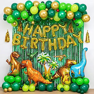 LFVIK Dinosaur Birthday Party Decorations&Balloons Arch Garland Kit(Gold,Green),Dinosaurs Balloons,HAPPY BIRTHDAY Balloons,Curtains,for Dino Themed Kid's Party,Shower,Celebration.