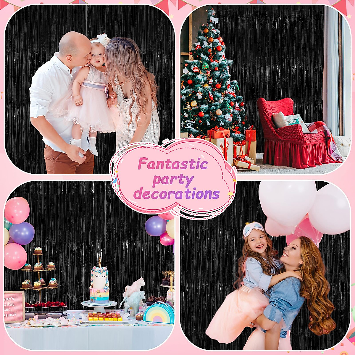 Black Metallic Tinsel Foil Fringe Curtains Backdrop 2Pack 3.3x8.3Ft Party Streamers for Birthday Party Decorations Halloween Christmas Decors Foil Curtain Backdrop for Bachelorette Bridal Party