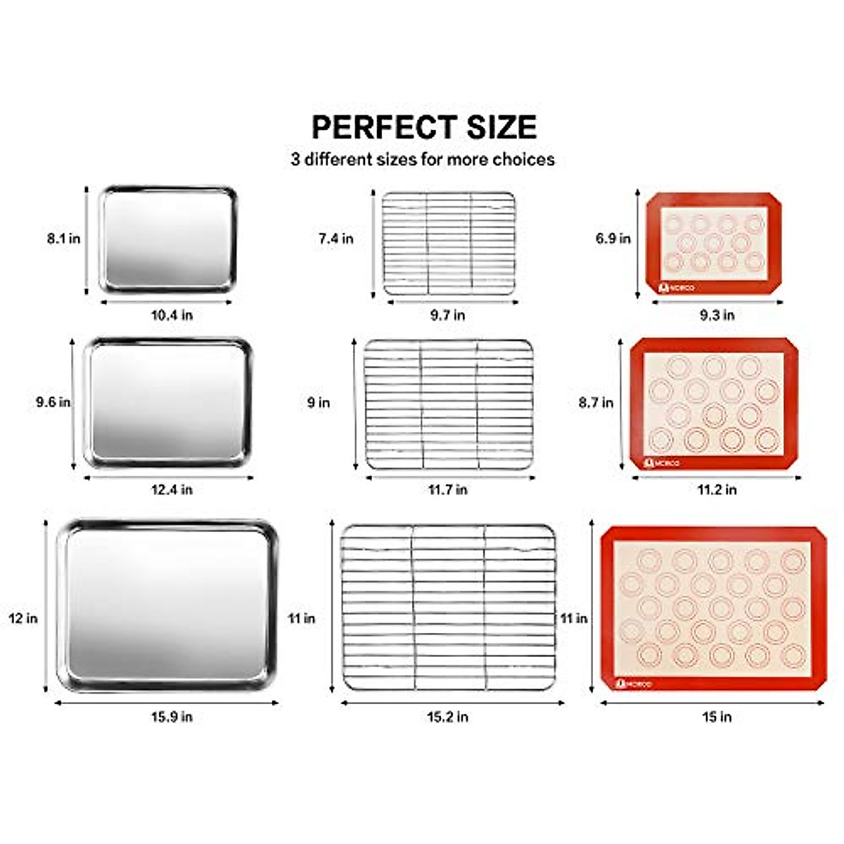 Stainless Steel Baking Sheet Tray Cooling Rack with Silicone Baking Mat Set, Cookie Pan with Cooling Rack, Set of 9 (3 Sheets + 3 Racks + 3 Mats), Non Toxic, Heavy Duty & Easy Clean