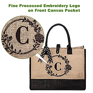 BeeGreen Personalized Tote Bag for Women w Magnetic Buckle Birthday Gifts w Bottom Support Initail Jute Tote Bag w Inner Zipper Pocket Embroidery Monogram Tote Bag for Women Mom Mother C