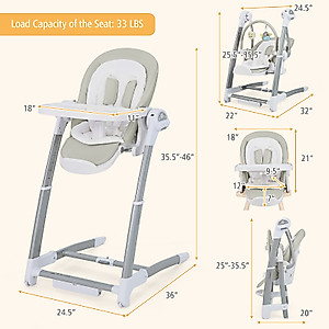 BABY JOY Baby Swings for Infants, 3 in 1 Foldable High Chair w/ 8 Adjustable Height, 5-Position Backrest, 3 Timer Settings, 12 Melodies and 5 Natural Sounds, Booster Seat for Dining Table (Gray)