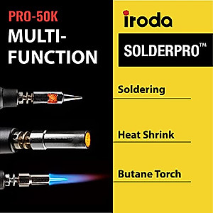 IRODA SOLDERPRO 50K Butane Soldering Kit | 4-in-1 30-70W Heat Gun Blower, Mini Torch Portable Butane Soldering Iron Kit, Rapid Heat Up, (Taiwan) No Butane Included
