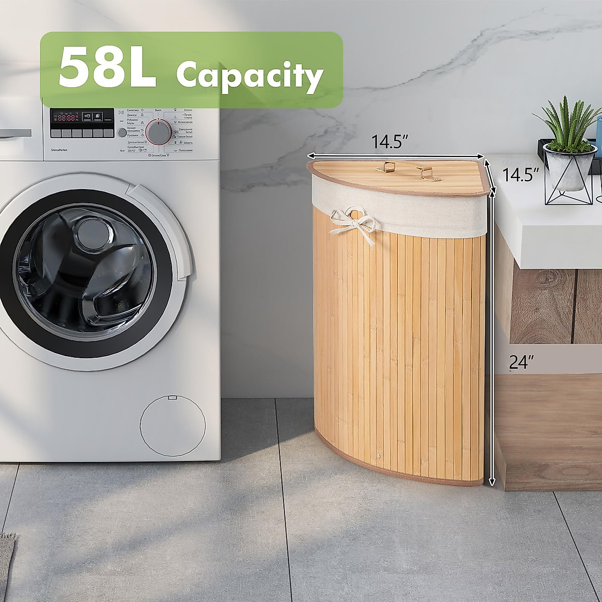 Giantex Corner Laundry Hamper with Lid, 58 L Bamboo Laundry Basket with Removable Liner & Handle, Triangle Clothes Hamper for Small Spaces, Bedroom, Bathroom, Laundry & Living Room (Natural)