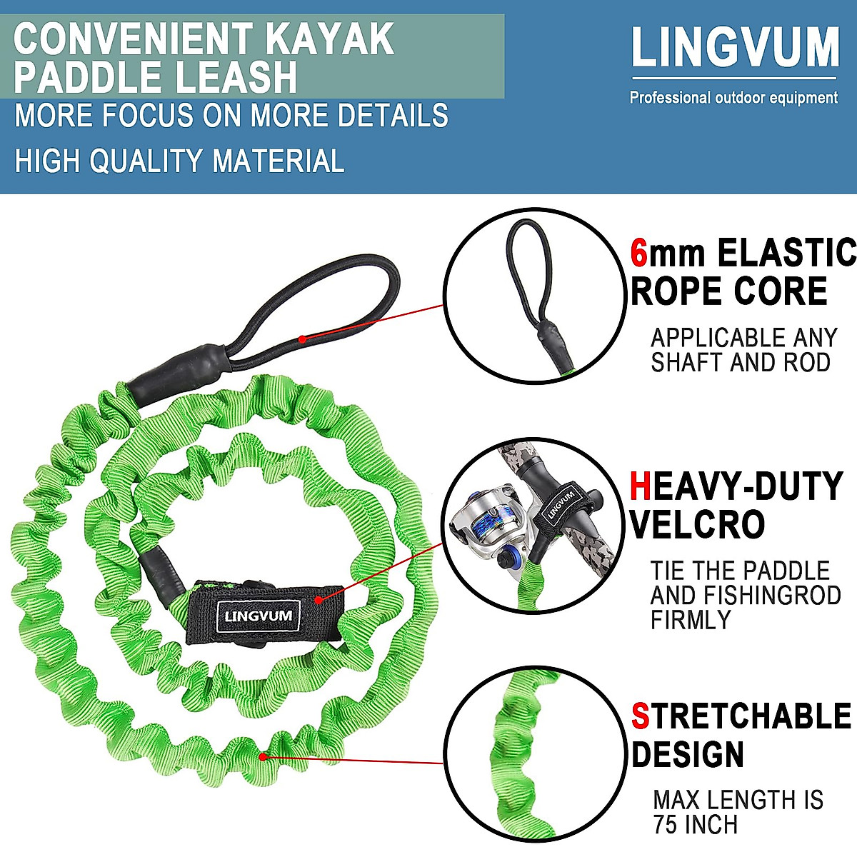 LINGVUM Paddle Leash Stretchable Kayak Paddle Tether Coiled Strap for Kayaking Canoe Leash Rod SUP Board Surfboard, Fishing Poles (Green 6 Feet) 1 Pack