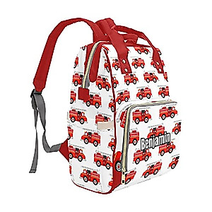 Cartoon Firetruck Pattern Personalized Diaper Bag Backpack Custom with Name Unisex Nursing Large Capacity Mommy Backpack