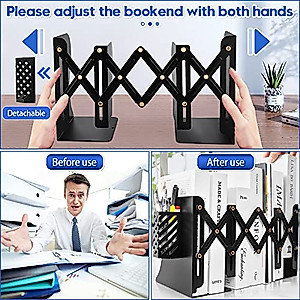 Heavy Duty Book End to Hold Books + Detachable Pen Holder, Adjustable Bookends Book Holder for Shelves, Decorative Book Organizer for Desk, Sturdy Metal Book Ends Binder Holder for Tabletop