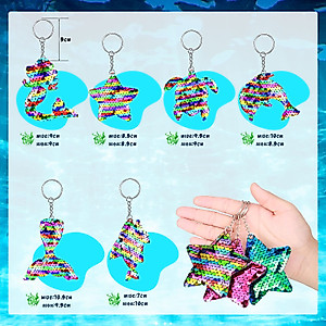 24 Pcs Mermaid Sequin Keychains Ocean Theme Kids Keychains Tropical Rainforest Theme Keychains Reversible Girls Christmas Party Favor Key Chains Glitter Key Chains for Adults Kid (Ocean Style)