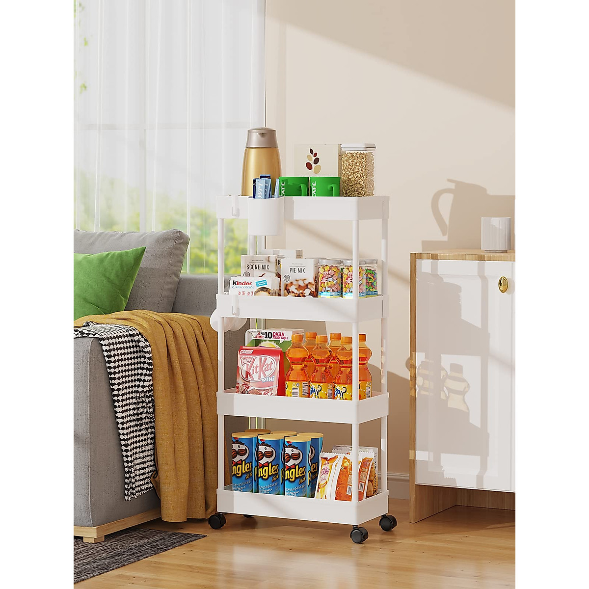 LEHOM Slim Rolling Storage Cart - 4 Tiers Bathroom Organizer Utility Cart Slide Out Storage Shelves Mobile Shelving Unit for Kitchen, Bedroom, Office, Laundry Room, Small Narrow Spaces (Pear White)