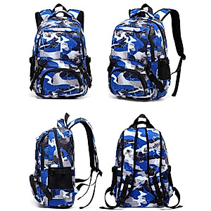 BLUEFAIRY Boys Backpack for School Bookbag for Kids Elementary Middle School Bags for Teens Mochila Escolar para Niños 8-10 Back to School Gifts Large Compartment Camo Blue