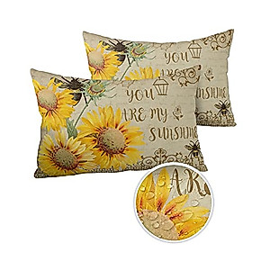 Waterproof Outdoor Throw Pillow Cover Sunflower with Bees Lumbar Pillowcases Set of 2 Vintage Floral Garden My Only Sunshine Decorative Patio Furniture Pillows for Couch Garden 20 x 12 Inches