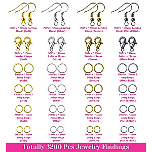 Paxcoo 3200Pcs Jewelry Necklace Repair Kit with Jump Rings, Clasps and Earring Hooks for Jewelry Making Supplies, Earring Making Findings and Necklace Bracelets Repair