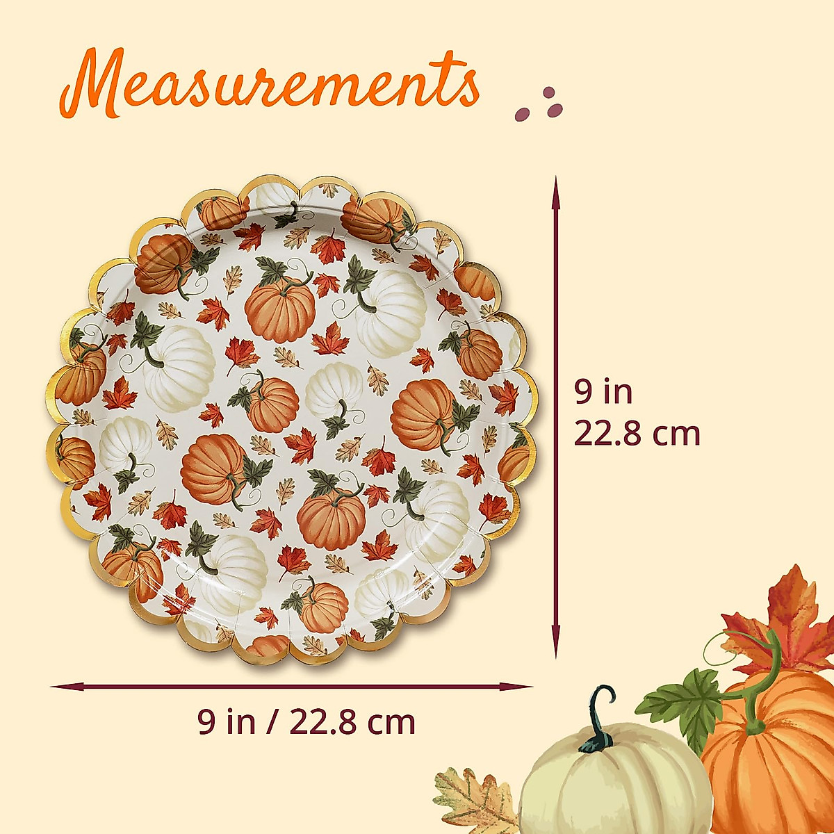 Confettiville Thanksgiving Paper Plates, 50-Count Disposable Thanksgiving Dinner Plates, Scalloped, Party Supplies, Pumpkins, Pale Yellow