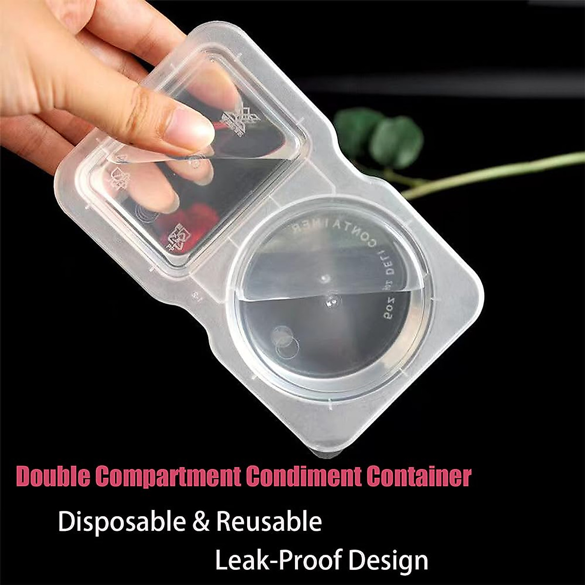 Double Compartment Condiment Container, 2 Compartment Snack Containers, Double Condiment Containers with Lids, Reusable Snack Container for Condiments or Dips, Clear Plastic Portion (5)