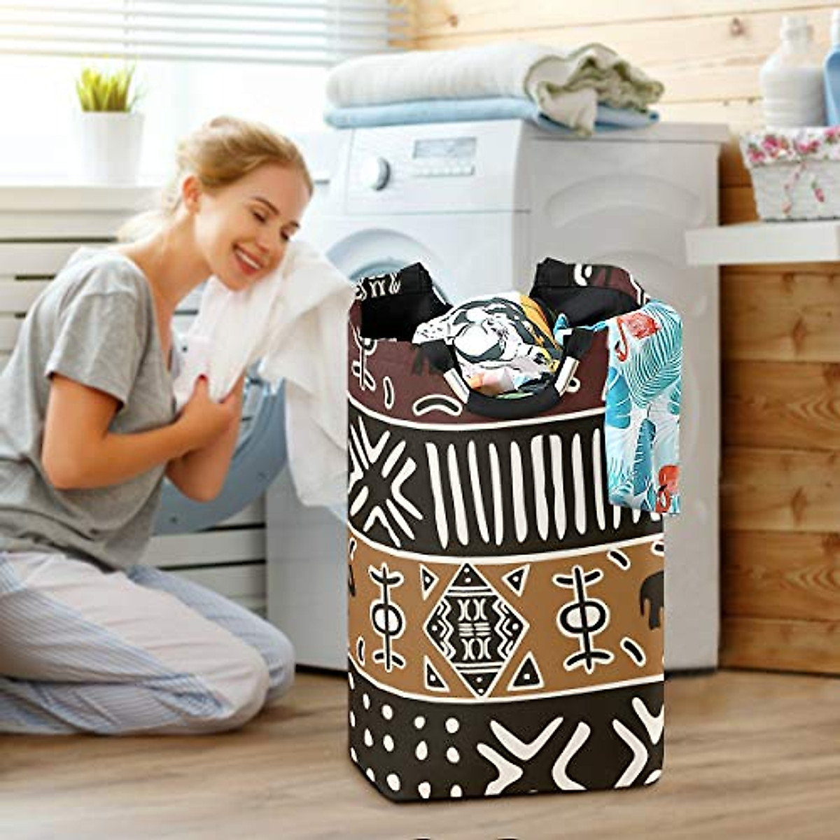 Ruio Laundry Hamper Basket Storage Bag Foldable Clothes Bag African Mud Cloth with Elephants Folding Washing Bin Clothes Hamper Large Basket