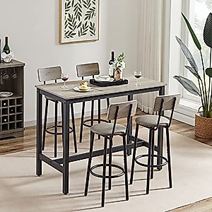CKLMMC 5 Piece Industrial Bar Table Set,Pub Bistro Table and PU Upholstered Stools with Backrest, Counter Height Dining Table Set for Kitchen Small Space (Grey# Set of 5)