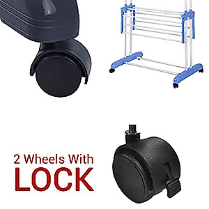 Aquaterior Folding 3 Tier Clothes Drying Rack Rolling Collapsible Garment Laundry Dryer Hanger Stand Rail with Two Side Wings Indoor Blue