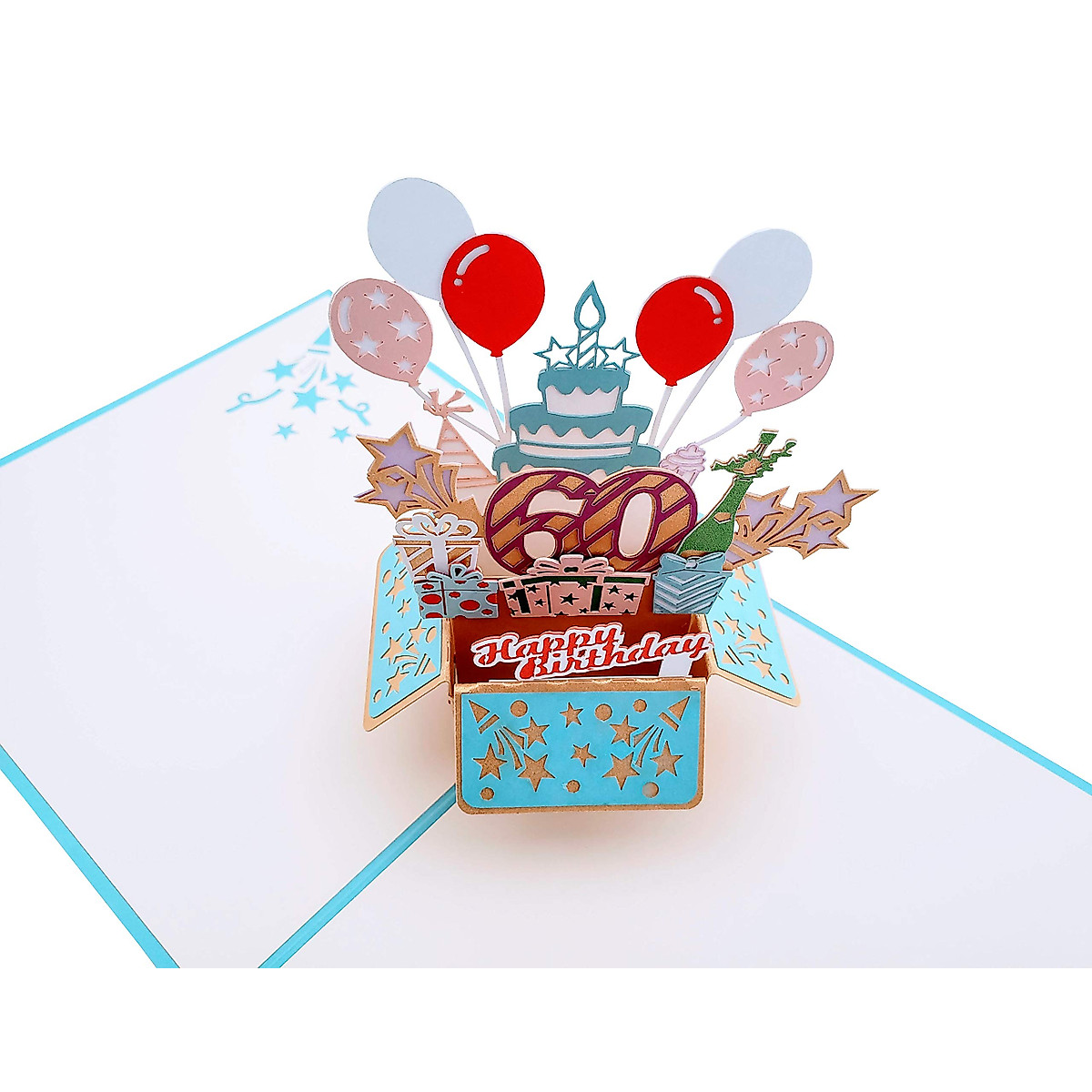 iGifts And Cards Happy 60th Blue Birthday Party Box 3D Pop Up Greeting Card – Sixty, Awesome, Balloons, Presents, Unique, Celebration, Feliz Cumpleaños, Fun
